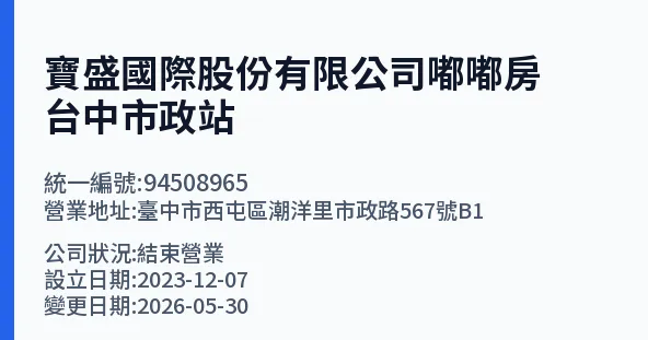 寶盛國際股份有限公司嘟嘟房台中市政站的照片-統編 94508965(臺中市) 公司登記資料與營業項目詳細圖表