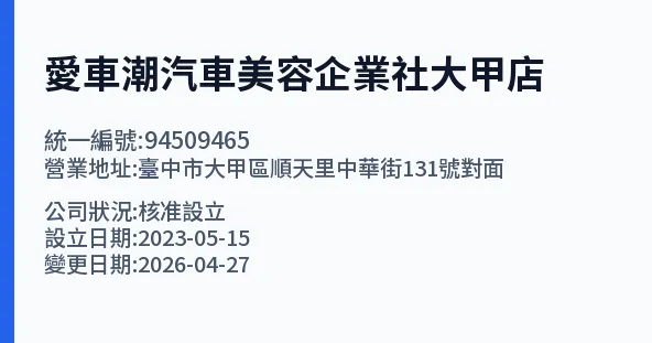 愛車潮汽車美容企業社大甲店的照片-統編 94509465(臺中市) 公司登記資料與營業項目詳細圖表