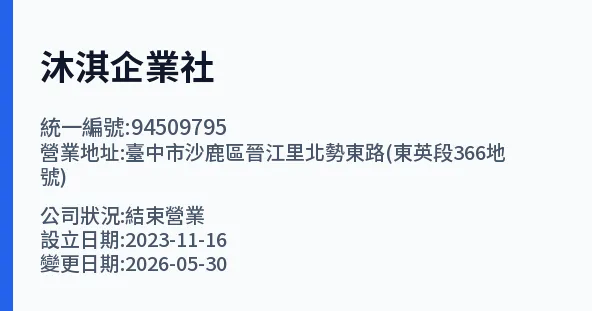 沐淇企業社的照片-統編 94509795(臺中市) 公司登記資料與營業項目詳細圖表