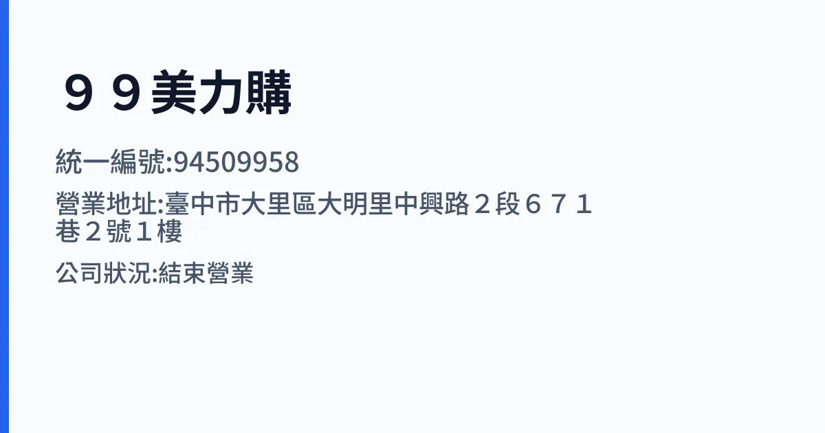 ９９美力購 - 統編 94509958(臺中市) 公司登記資料與營業項目詳細圖表