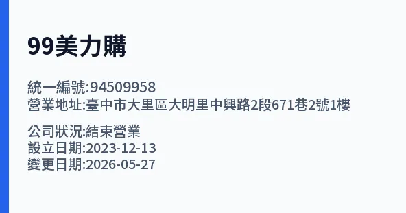 99美力購的照片-統編 94509958(臺中市) 公司登記資料與營業項目詳細圖表