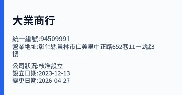 大業商行的照片-統編 94509991(彰化縣) 公司登記資料與營業項目詳細圖表