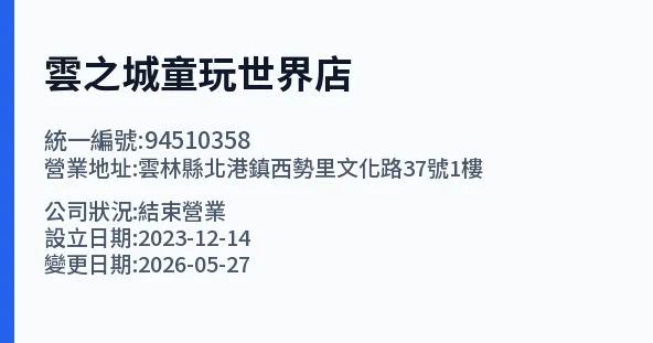 雲之城童玩世界店的照片-統編 94510358(雲林縣) 公司登記資料與營業項目詳細圖表