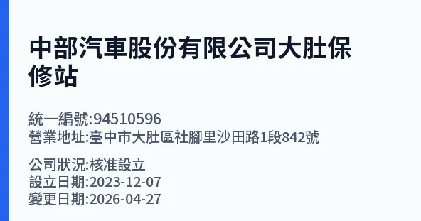 中部汽車股份有限公司大肚保修站的照片-統編 94510596(臺中市) 公司登記資料與營業項目詳細圖表
