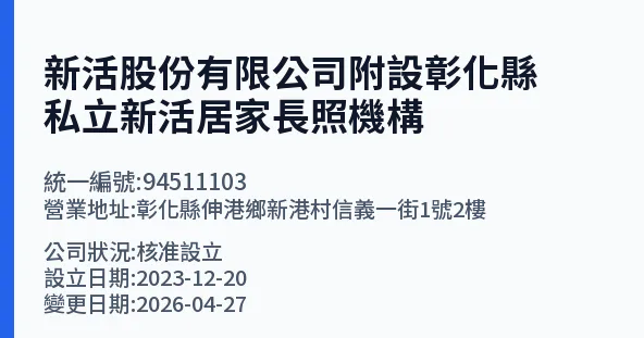 新活股份有限公司附設彰化縣私立新活居家長照機構的照片-統編 94511103(彰化縣) 公司登記資料與營業項目詳細圖表