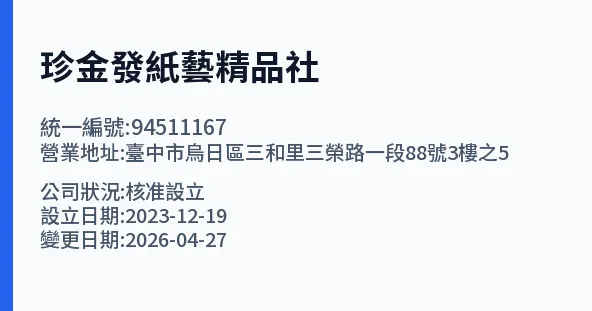 珍金發紙藝精品社的照片-統編 94511167(臺中市) 公司登記資料與營業項目詳細圖表