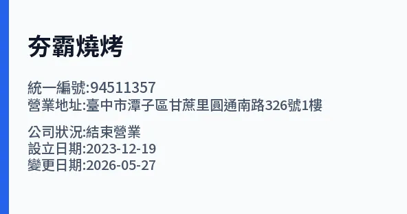 夯霸燒烤的照片-統編 94511357(臺中市) 公司登記資料與營業項目詳細圖表