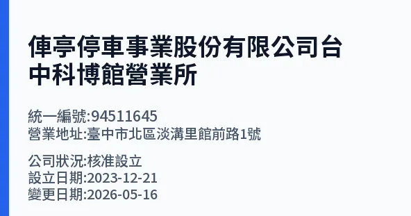 俥亭停車事業股份有限公司台中科博館營業所的照片-統編 94511645(臺中市) 公司登記資料與營業項目詳細圖表