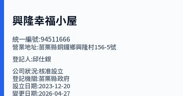 興隆幸福小屋的照片-統編 94511666(苗栗縣) 公司登記資料與營業項目詳細圖表