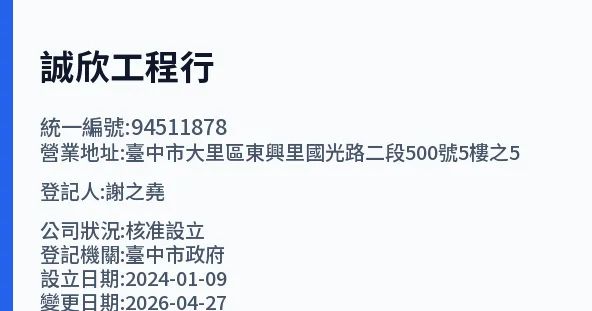 誠欣工程行的照片-統編 94511878(臺中市) 公司登記資料與營業項目詳細圖表