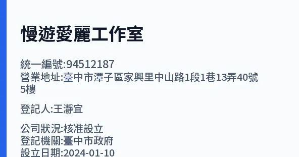 慢遊愛麗工作室的照片-統編 94512187(臺中市) 公司登記資料與營業項目詳細圖表