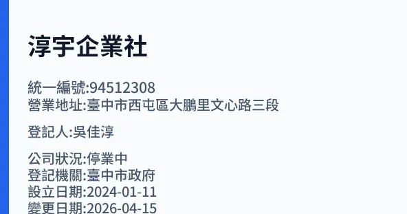 淳宇企業社的照片-統編 94512308(臺中市) 公司登記資料與營業項目詳細圖表
