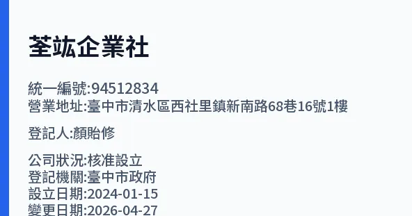 荃竑企業社的照片-統編 94512834(臺中市) 公司登記資料與營業項目詳細圖表