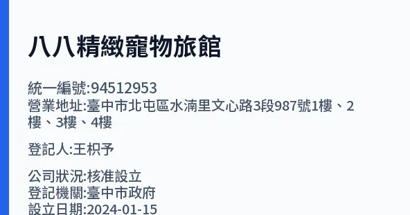 八八精緻寵物旅館的照片-統編 94512953(臺中市) 公司登記資料與營業項目詳細圖表