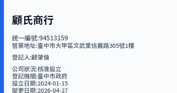 顧氏商行的照片-統編 94513159(臺中市) 公司登記資料與營業項目詳細圖表