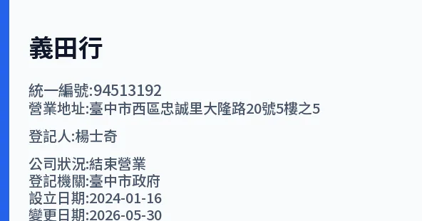 義田行的照片-統編 94513192(臺中市) 公司登記資料與營業項目詳細圖表