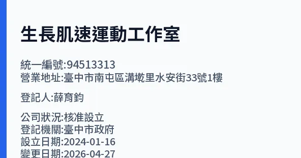 生長肌速運動工作室的照片-統編 94513313(臺中市) 公司登記資料與營業項目詳細圖表