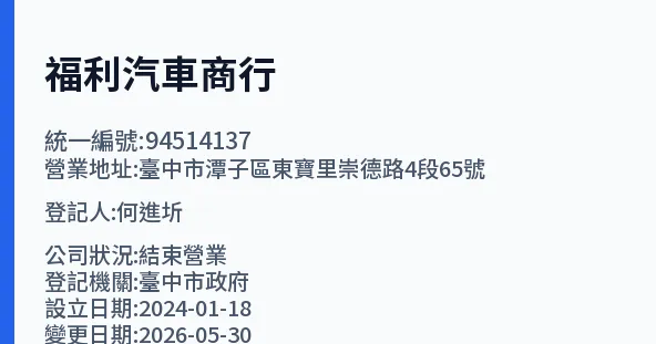 福利汽車商行的照片-統編 94514137(臺中市) 公司登記資料與營業項目詳細圖表