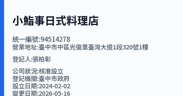 小鮨事日式料理店的照片-統編 94514278(臺中市) 公司登記資料與營業項目詳細圖表