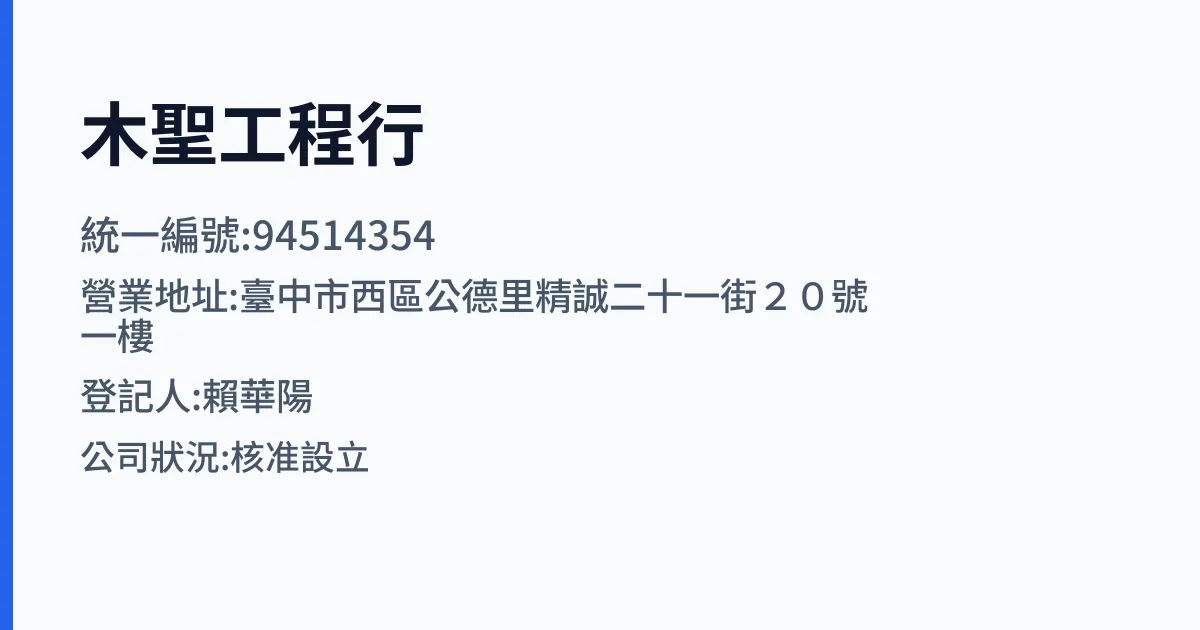 木聖工程行 - 統編 94514354(臺中市) 公司登記資料與營業項目詳細圖表