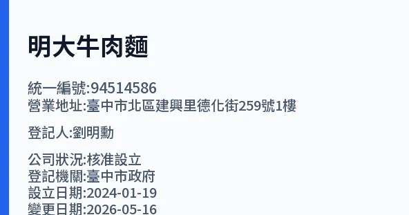 明大牛肉麵的照片-統編 94514586(臺中市) 公司登記資料與營業項目詳細圖表