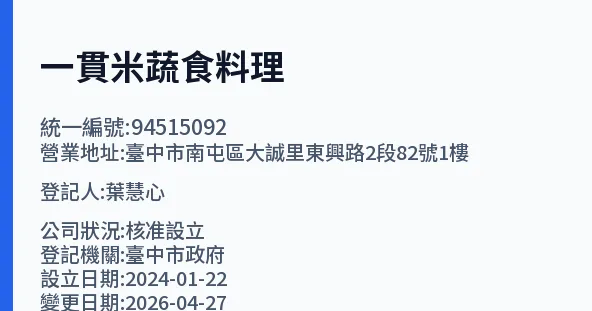 一貫米蔬食料理的照片-統編 94515092(臺中市) 公司登記資料與營業項目詳細圖表