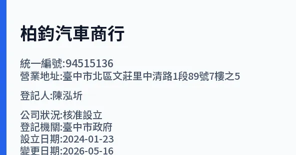 柏鈞汽車商行的照片-統編 94515136(臺中市) 公司登記資料與營業項目詳細圖表