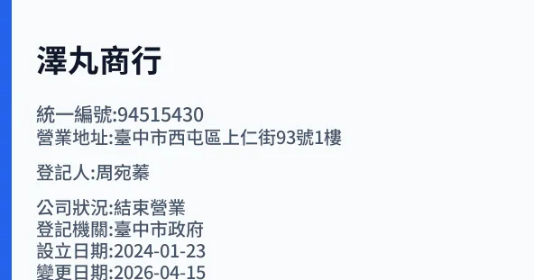 澤丸商行的照片-統編 94515430(臺中市) 公司登記資料與營業項目詳細圖表