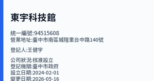 東宇科技館的照片-統編 94515608(臺中市) 公司登記資料與營業項目詳細圖表