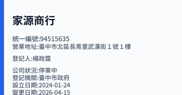 家源商行的照片-統編 94515635(臺中市) 公司登記資料與營業項目詳細圖表