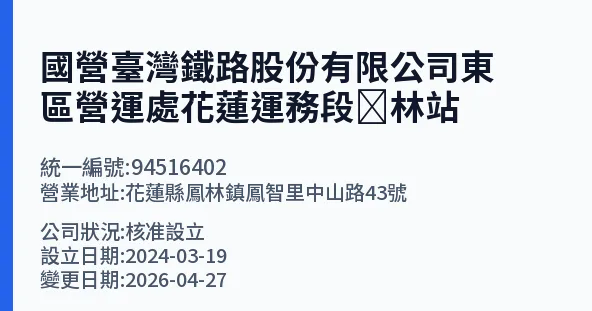 國營臺灣鐵路股份有限公司東區營運處花蓮運務段鳯林站的照片-統編 94516402(花蓮縣) 公司登記資料與營業項目詳細圖表