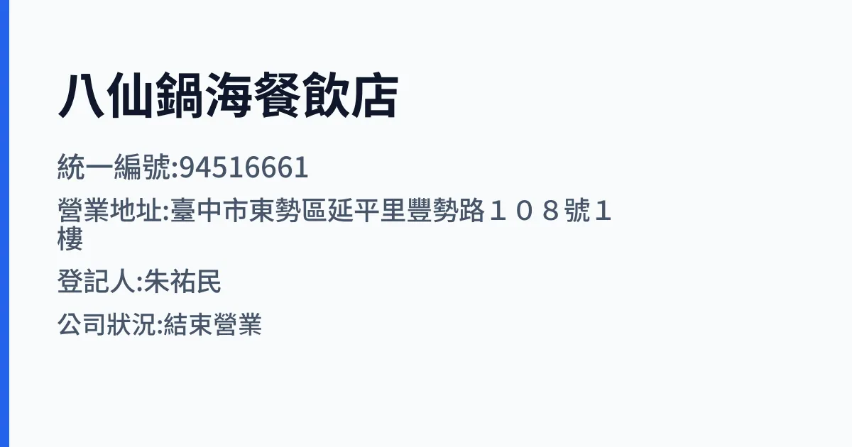 八仙鍋海餐飲店 - 統編 94516661(臺中市) 公司登記資料與營業項目詳細圖表