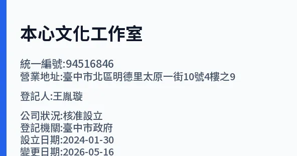 本心文化工作室的照片-統編 94516846(臺中市) 公司登記資料與營業項目詳細圖表