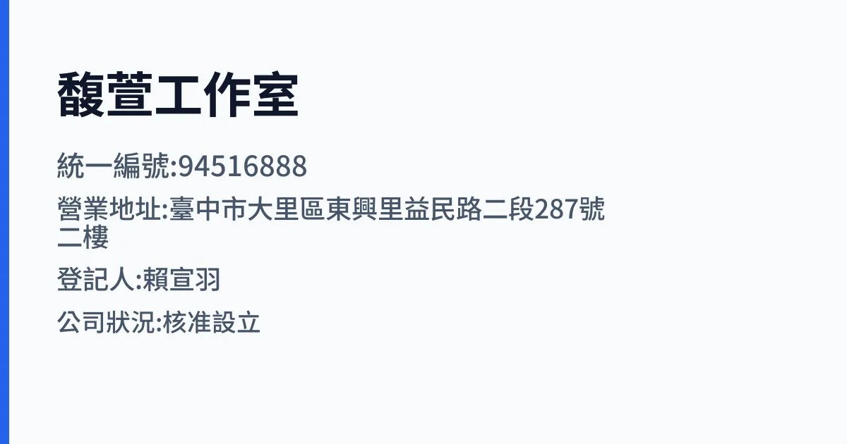 馥萱工作室 - 統編 94516888(臺中市) 公司登記資料與營業項目詳細圖表
