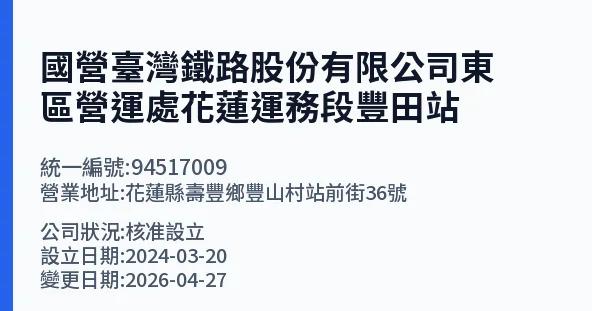 國營臺灣鐵路股份有限公司東區營運處花蓮運務段豐田站的照片-統編 94517009(花蓮縣) 公司登記資料與營業項目詳細圖表