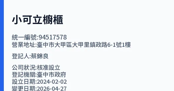 小可立櫥櫃的照片-統編 94517578(臺中市) 公司登記資料與營業項目詳細圖表