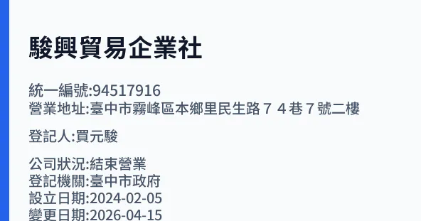 駿興貿易企業社的照片-統編 94517916(臺中市) 公司登記資料與營業項目詳細圖表