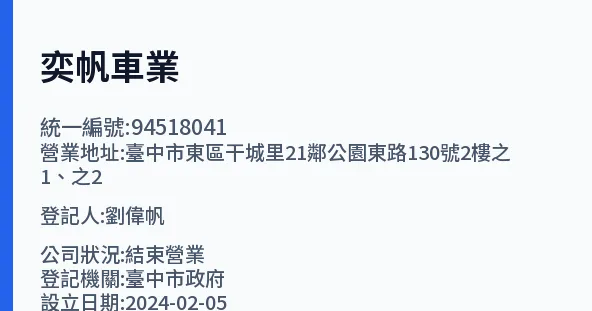 奕帆車業的照片-統編 94518041(臺中市) 公司登記資料與營業項目詳細圖表