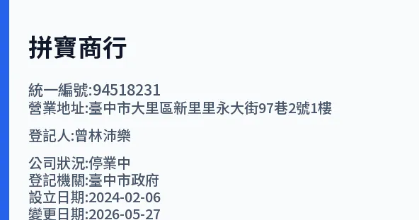拼寶商行的照片-統編 94518231(臺中市) 公司登記資料與營業項目詳細圖表