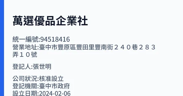 萬選優品企業社的照片-統編 94518416(臺中市) 公司登記資料與營業項目詳細圖表