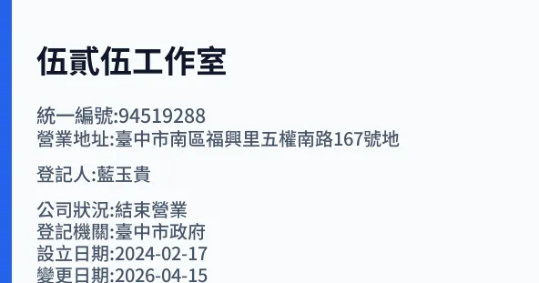 伍貳伍工作室的照片-統編 94519288(臺中市) 公司登記資料與營業項目詳細圖表
