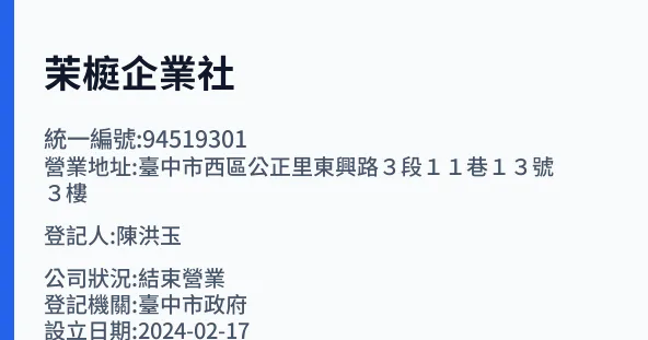 茉榳企業社的照片-統編 94519301(臺中市) 公司登記資料與營業項目詳細圖表
