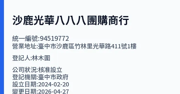沙鹿光華八八八團購商行的照片-統編 94519772(臺中市) 公司登記資料與營業項目詳細圖表