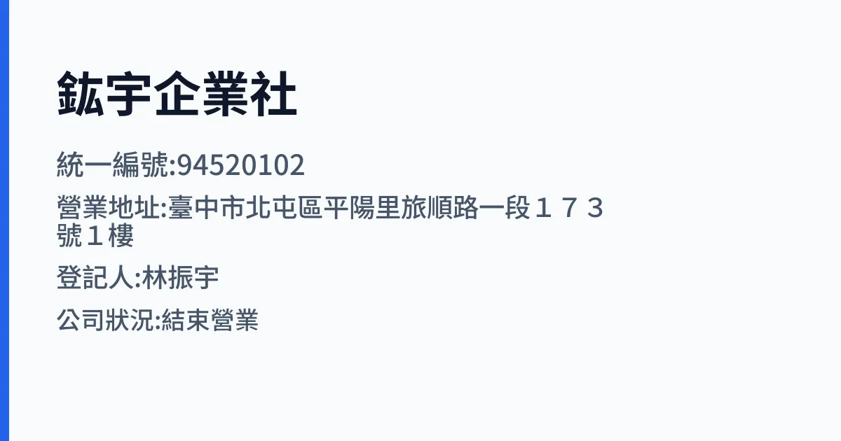 鈜宇企業社 - 統編 94520102(臺中市) 公司登記資料與營業項目詳細圖表