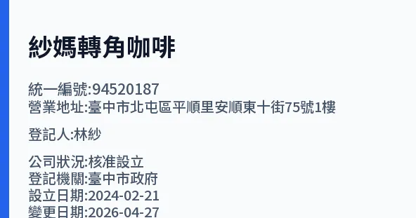 紗媽轉角咖啡的照片-統編 94520187(臺中市) 公司登記資料與營業項目詳細圖表