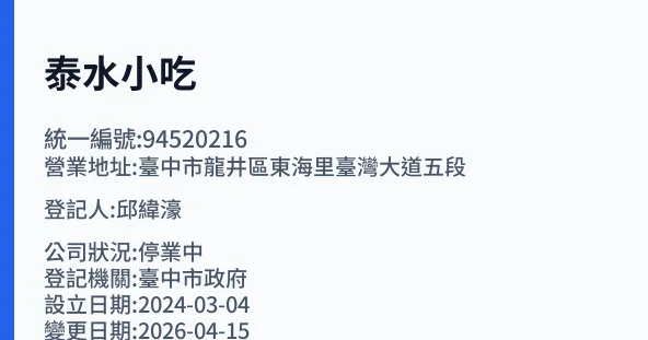 泰水小吃的照片-統編 94520216(臺中市) 公司登記資料與營業項目詳細圖表