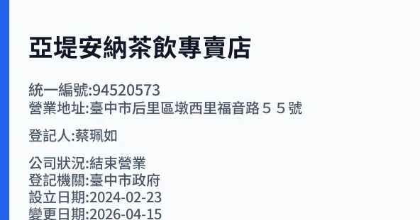 亞堤安納茶飲專賣店的照片-統編 94520573(臺中市) 公司登記資料與營業項目詳細圖表