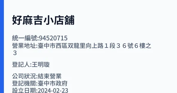 好麻吉小店舖的照片-統編 94520715(臺中市) 公司登記資料與營業項目詳細圖表