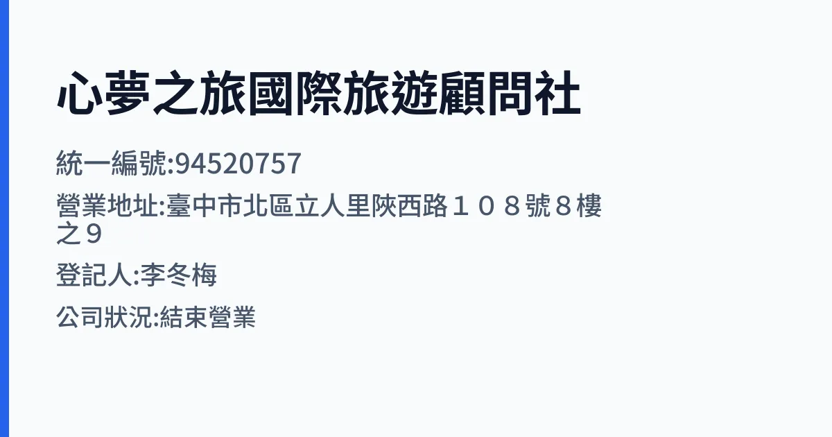 心夢之旅國際旅遊顧問社 - 統編 94520757(臺中市) 公司登記資料與營業項目詳細圖表