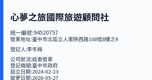 心夢之旅國際旅遊顧問社的照片-統編 94520757(臺中市) 公司登記資料與營業項目詳細圖表